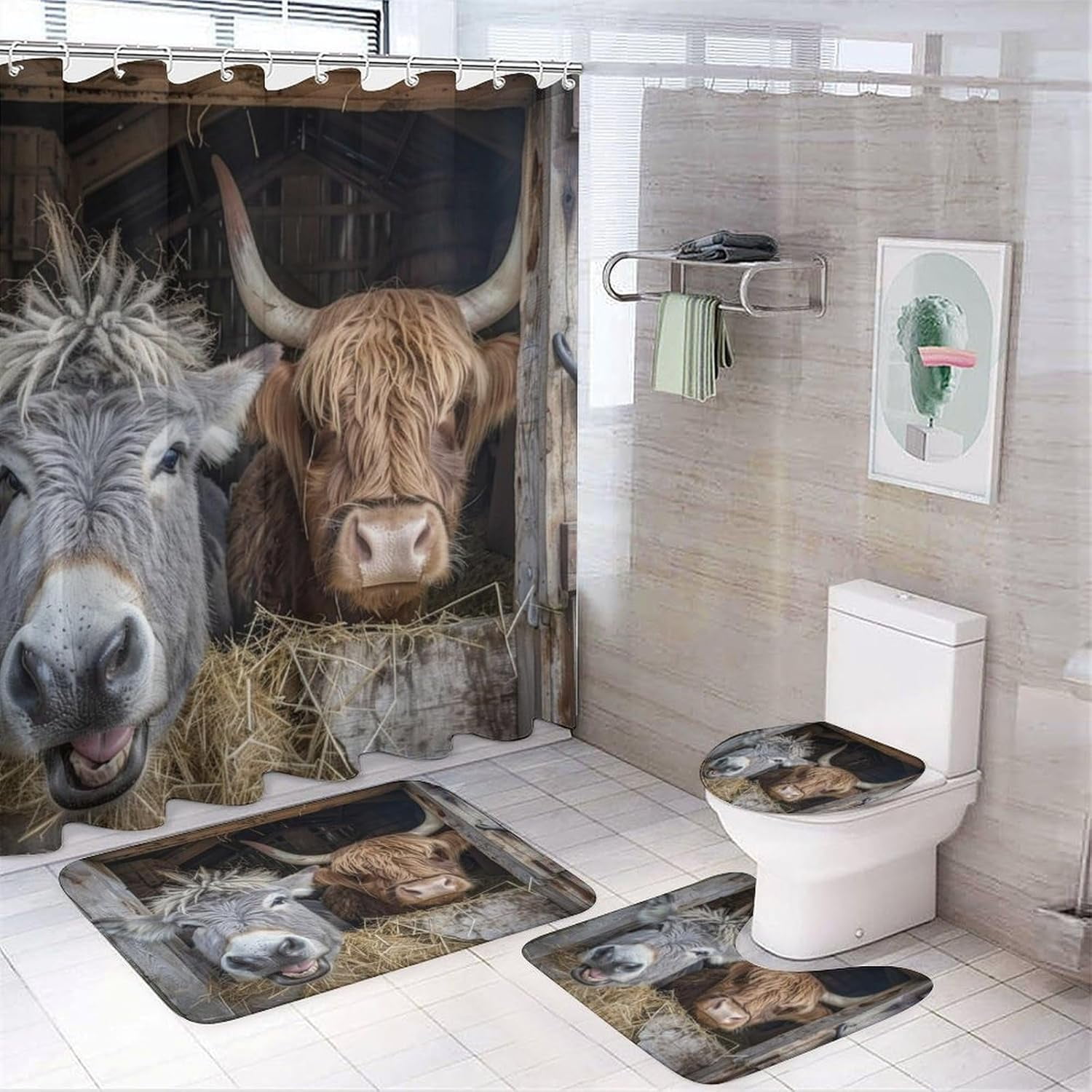 Country Cottage Animal Cow Donkey Shower Curtain Vintage Watercolor 70s ...