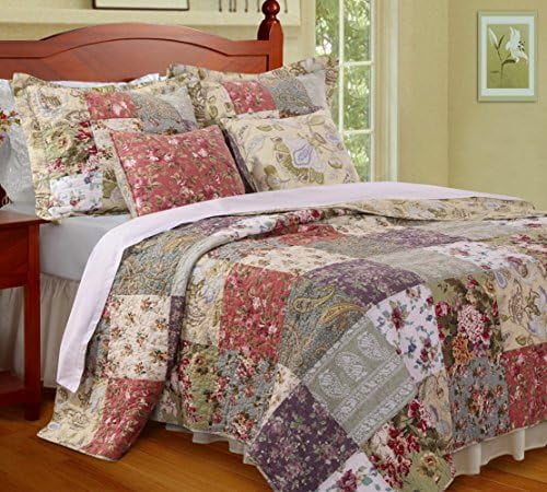 Country Cottage Floral Quilt Set with Shams Print Patchwork Pattern 3 ...