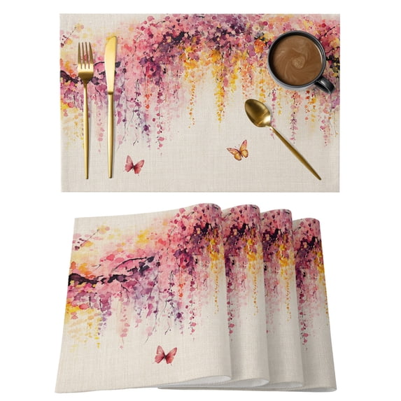 Country Cotton Linen Placemats Set of 8, Watercolor Trees Flowers ...