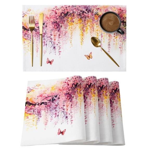 Country Cotton Linen Placemats Set of 8, Watercolor Trees Flowers ...