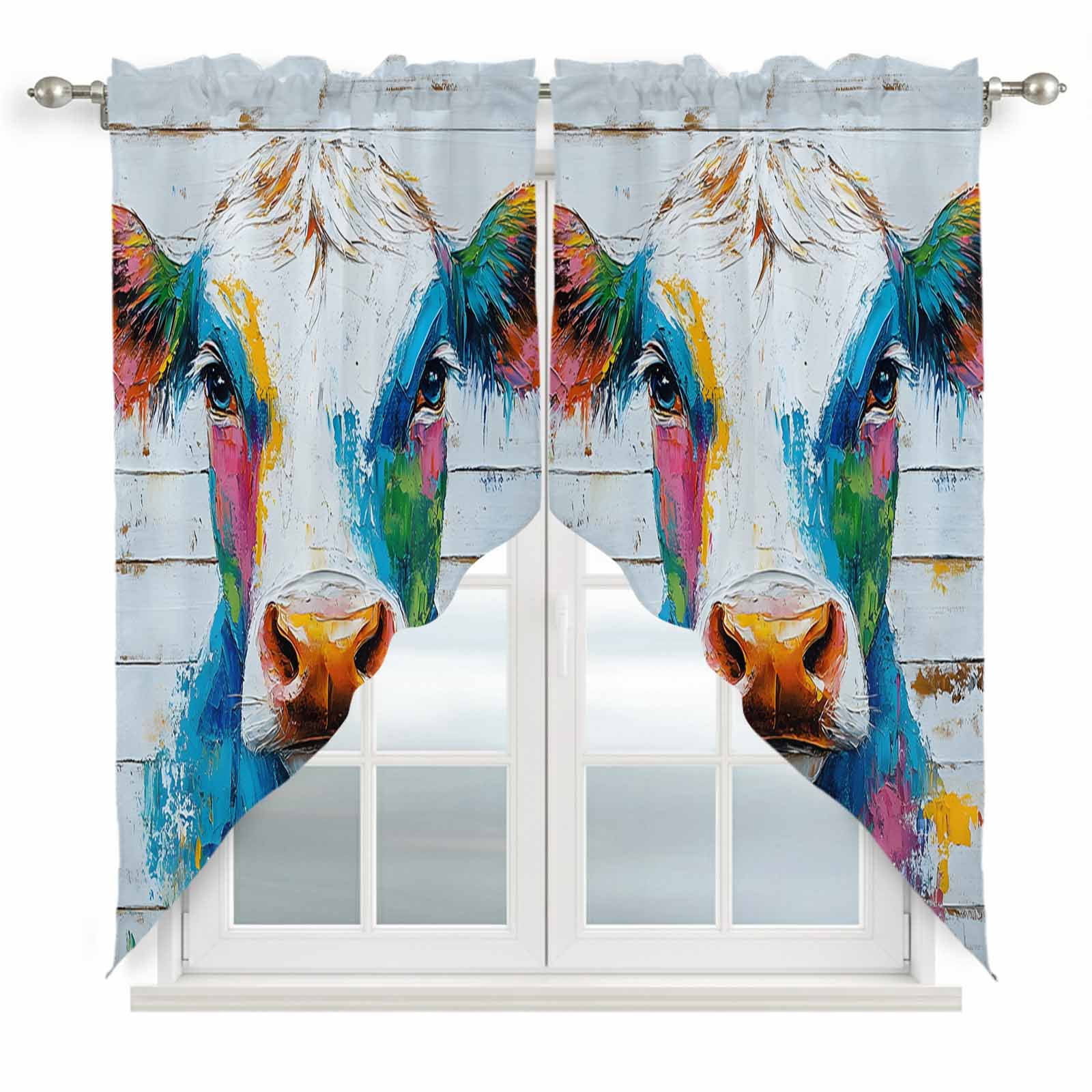 Country Cow Swag Curtains Colorful Abstract Animals Wooden Grain Swag ...