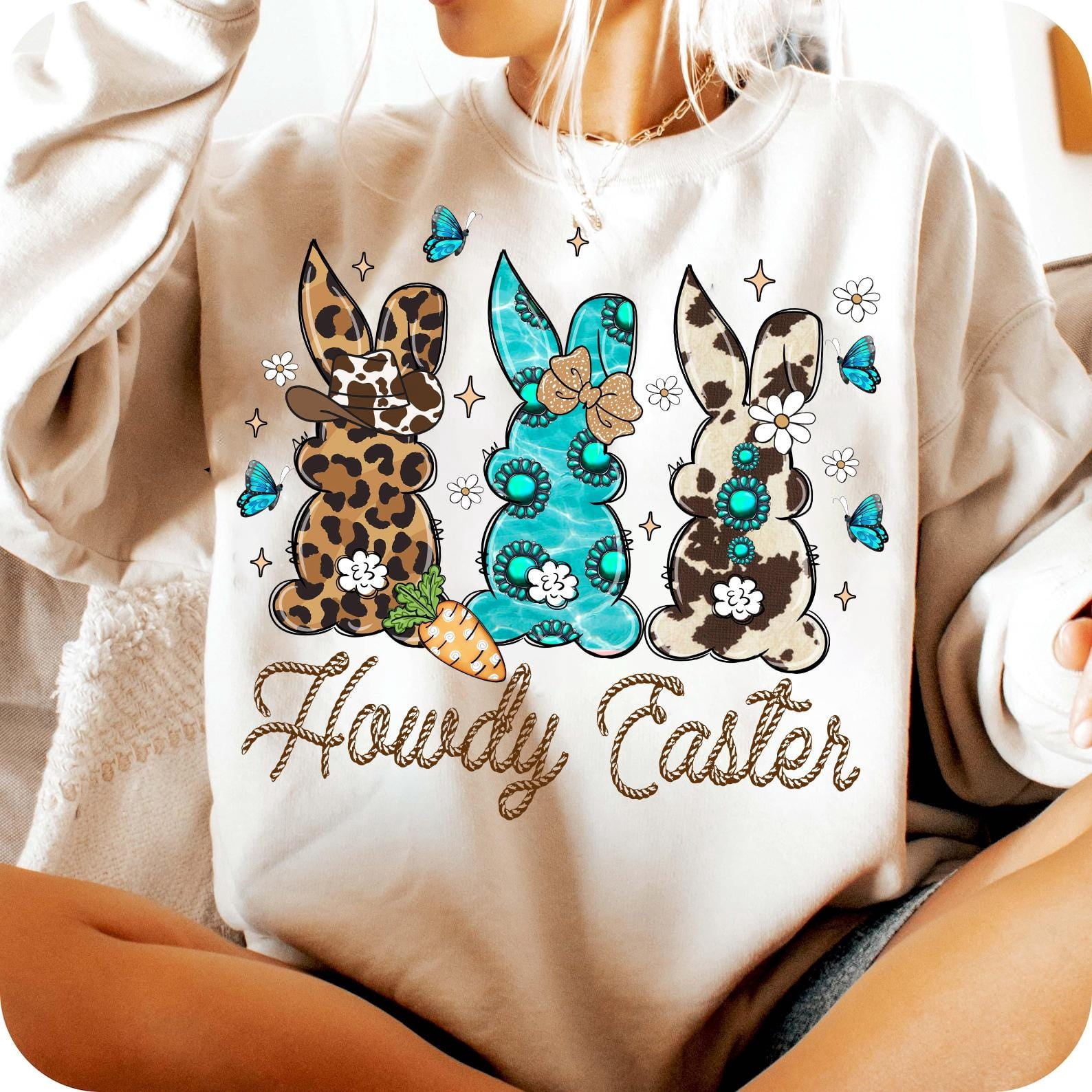 Country Cowhide Bunny Easter Sweatshirt, Festive Western Spring Apparel ...