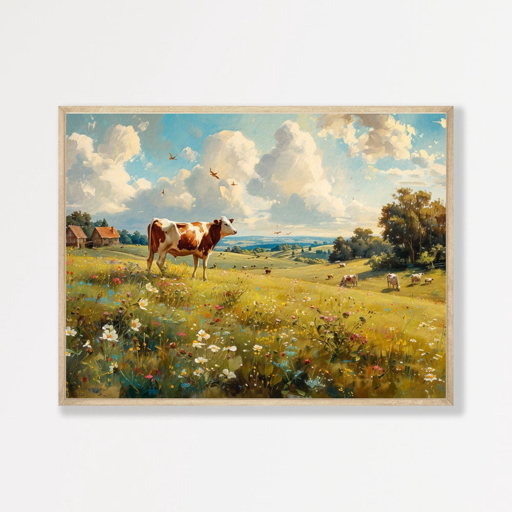 Country Cows Painting Minimal Vintage Pasture Landscape Wall Art ...
