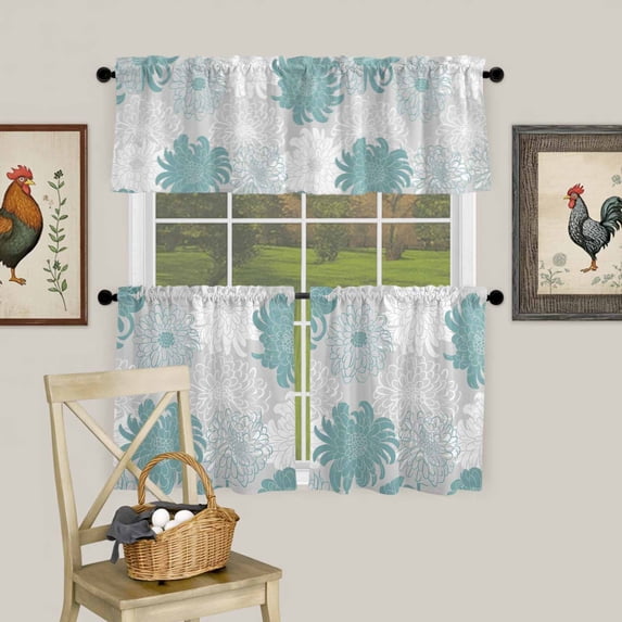 Country Dahlia Teal Flower Curtain Tier and Valance Set 3 Piece ...