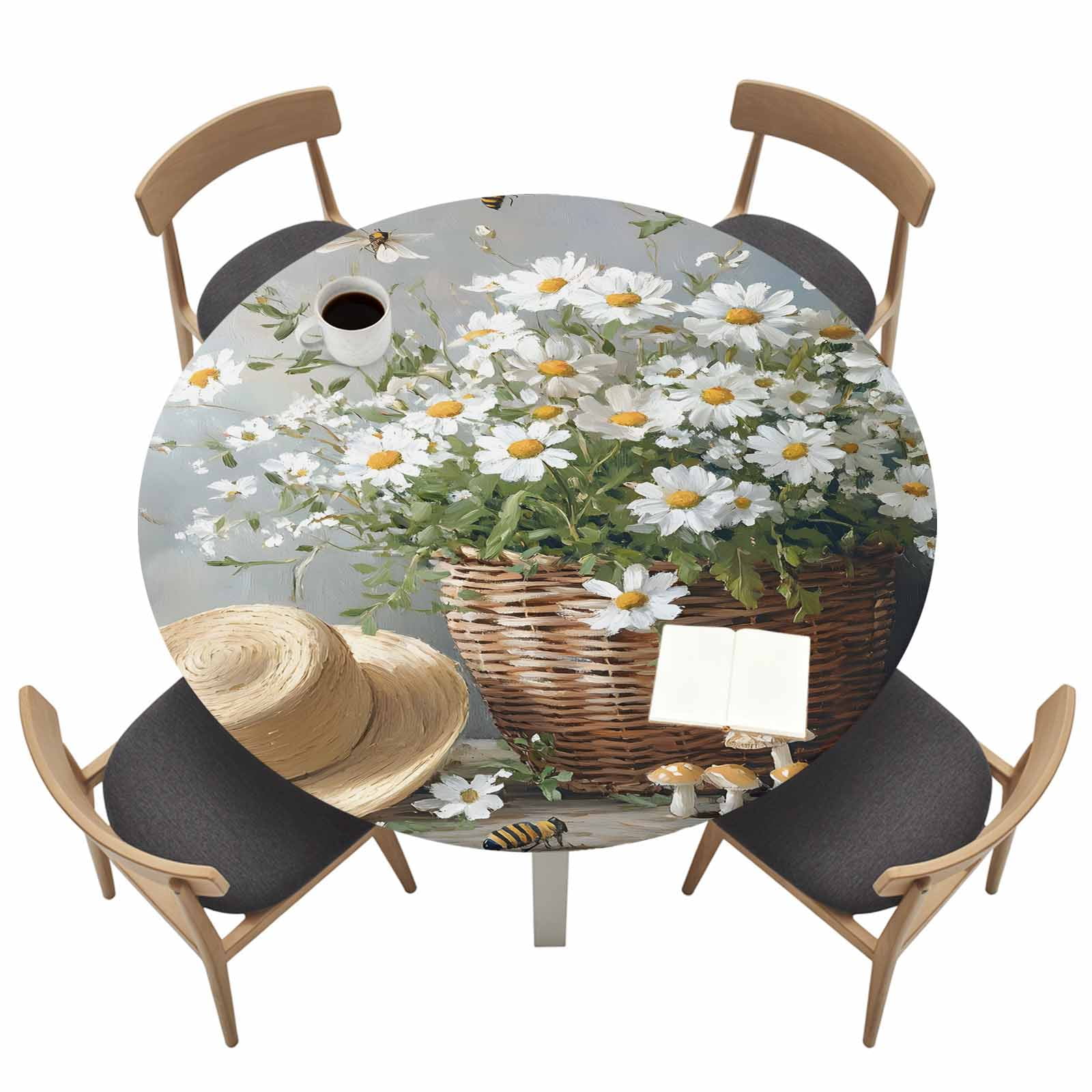 Country Daisy Floral Round Fitted Tablecloth with Elastic Edge Oil ...