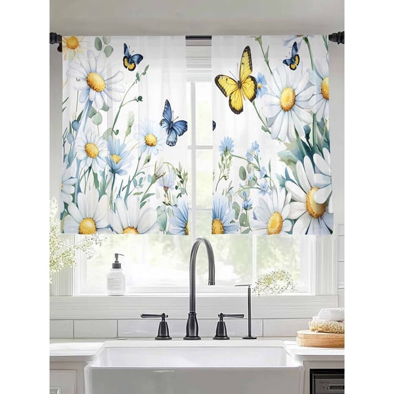 Country Daisy Flower Butterfly Chiffon Sheer Curtains 45 Inches Long ...