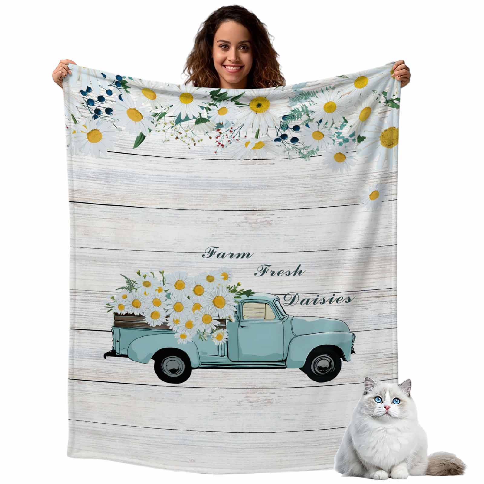 Country Daisy Flower Farm Truck Throw Blanket Flannel Fleece Throws ...