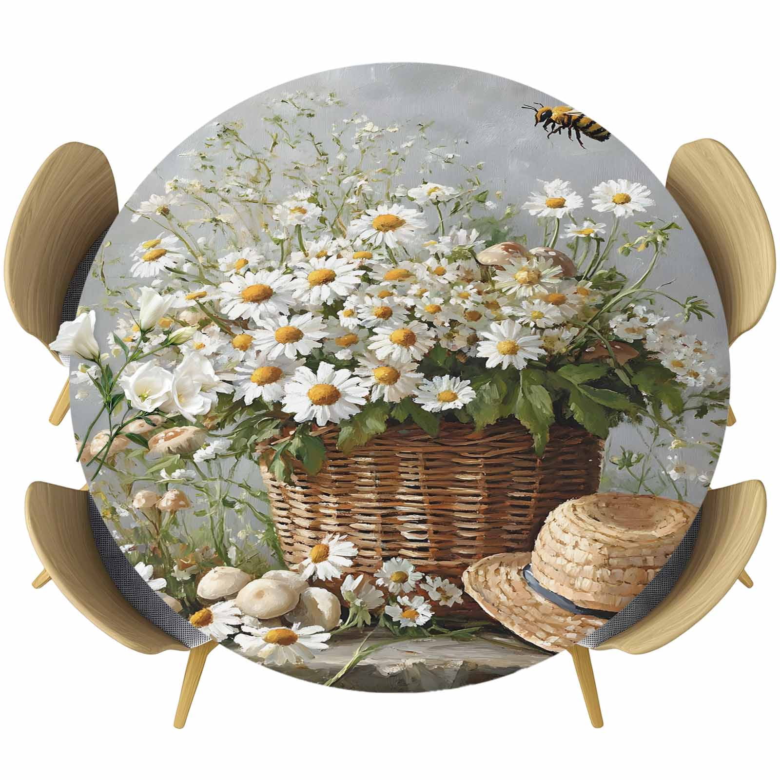 Country Daisy Flower Round Fitted Tablecloth with Elastic Edge, Oil ...