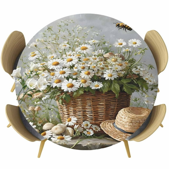 Country Daisy Flower Round Fitted Tablecloth with Elastic Edge, Oil ...