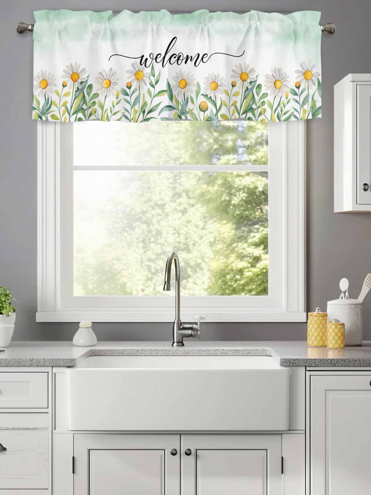Country Daisy Flower Welcome Quote Valances for Windows,Kitchen Valance ...