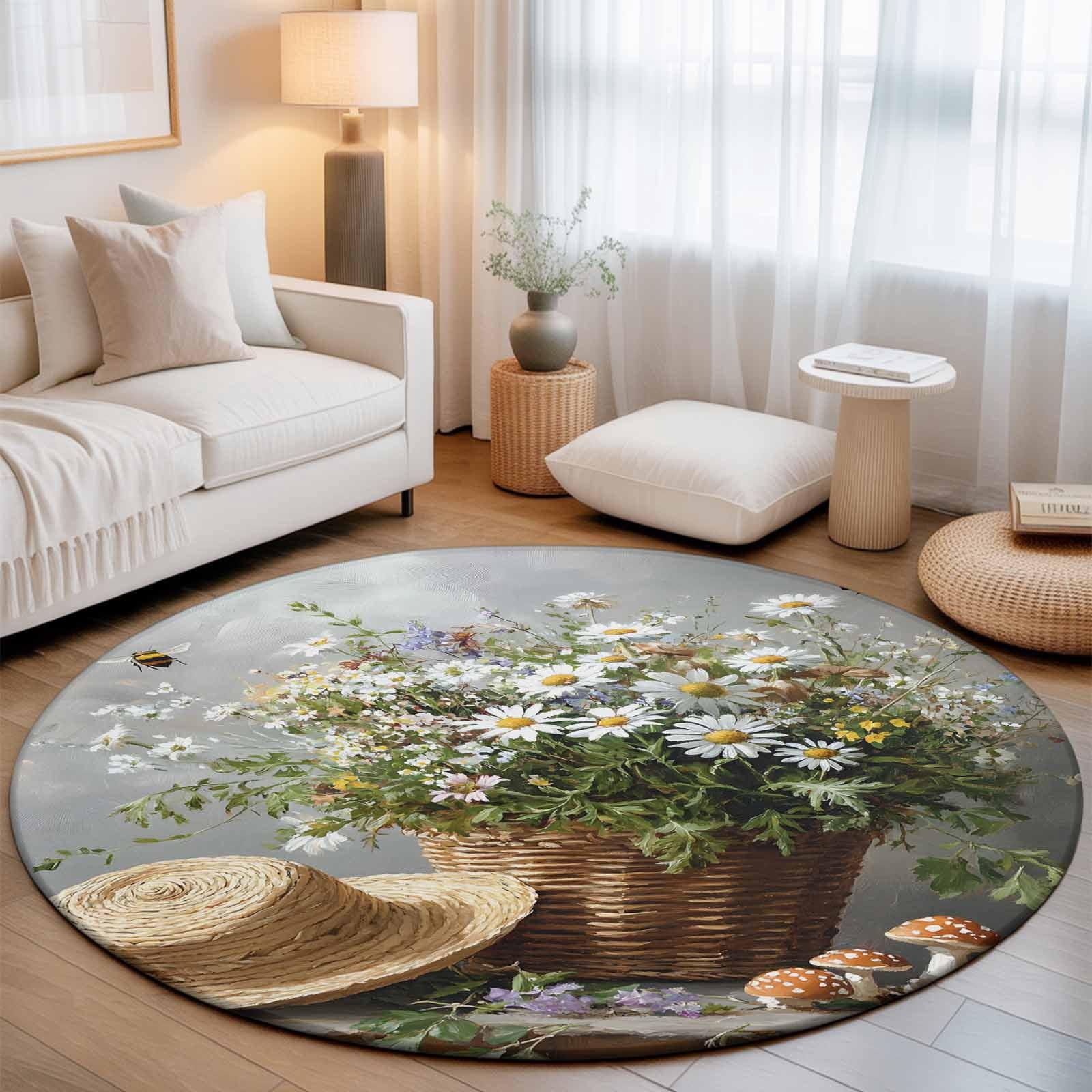 Country Daisy Flowers Round Living Room Rugs 6 ft, Oil Painting Floral ...