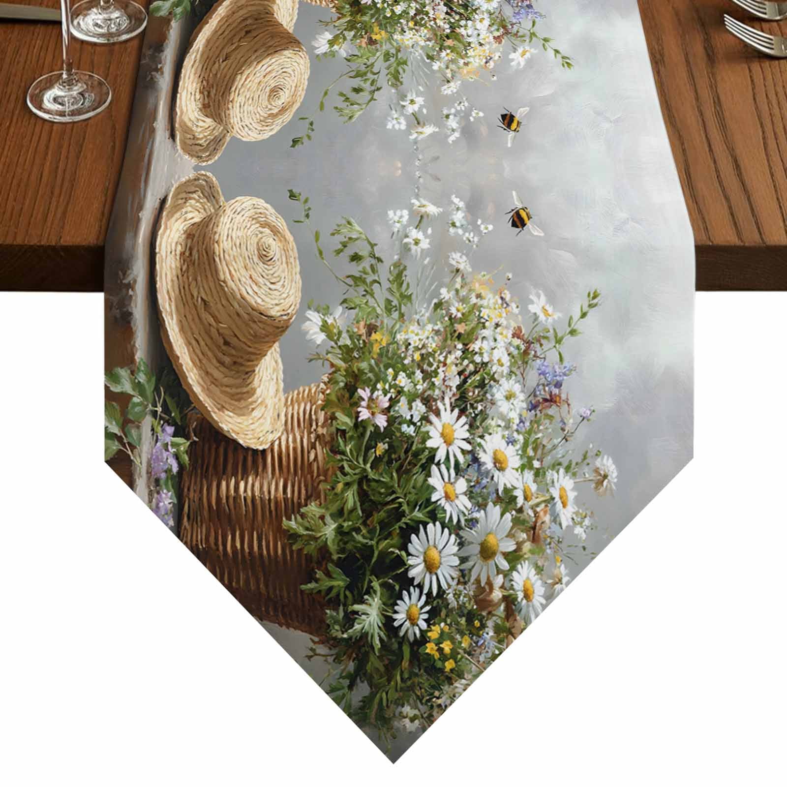 Country Daisy Flowers Table Runner for Dining Room, Oil Painting Floral ...
