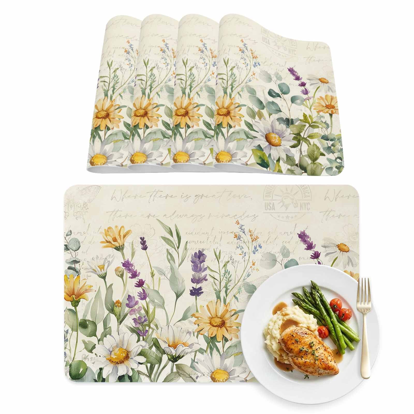Country Daisy Leather Placemats Set of 4, 12x18 Inch, Wildflowers ...