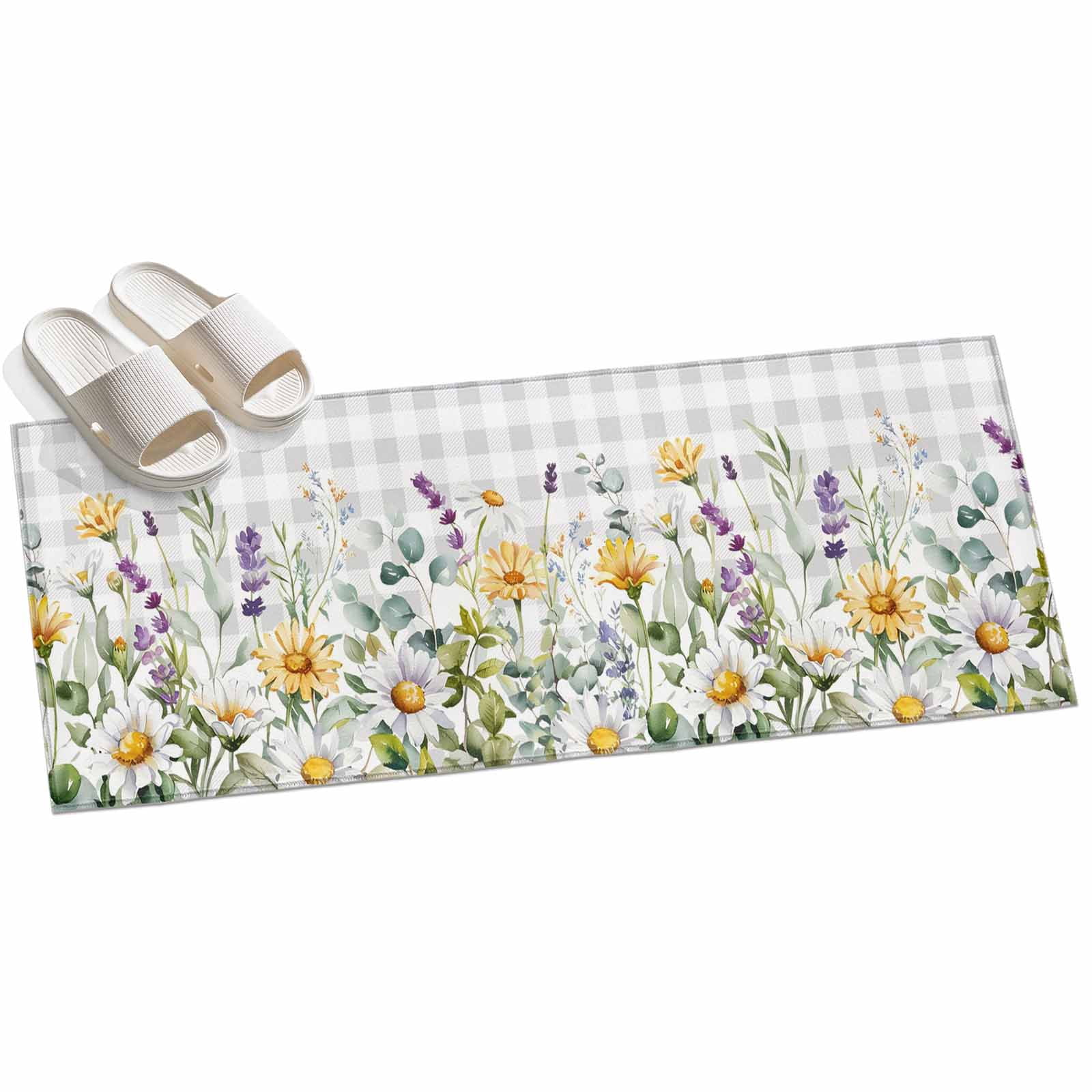 Country Daisy Runner Rugs 2x6ft Wildflowers Leaves Farm Plant Grey ...