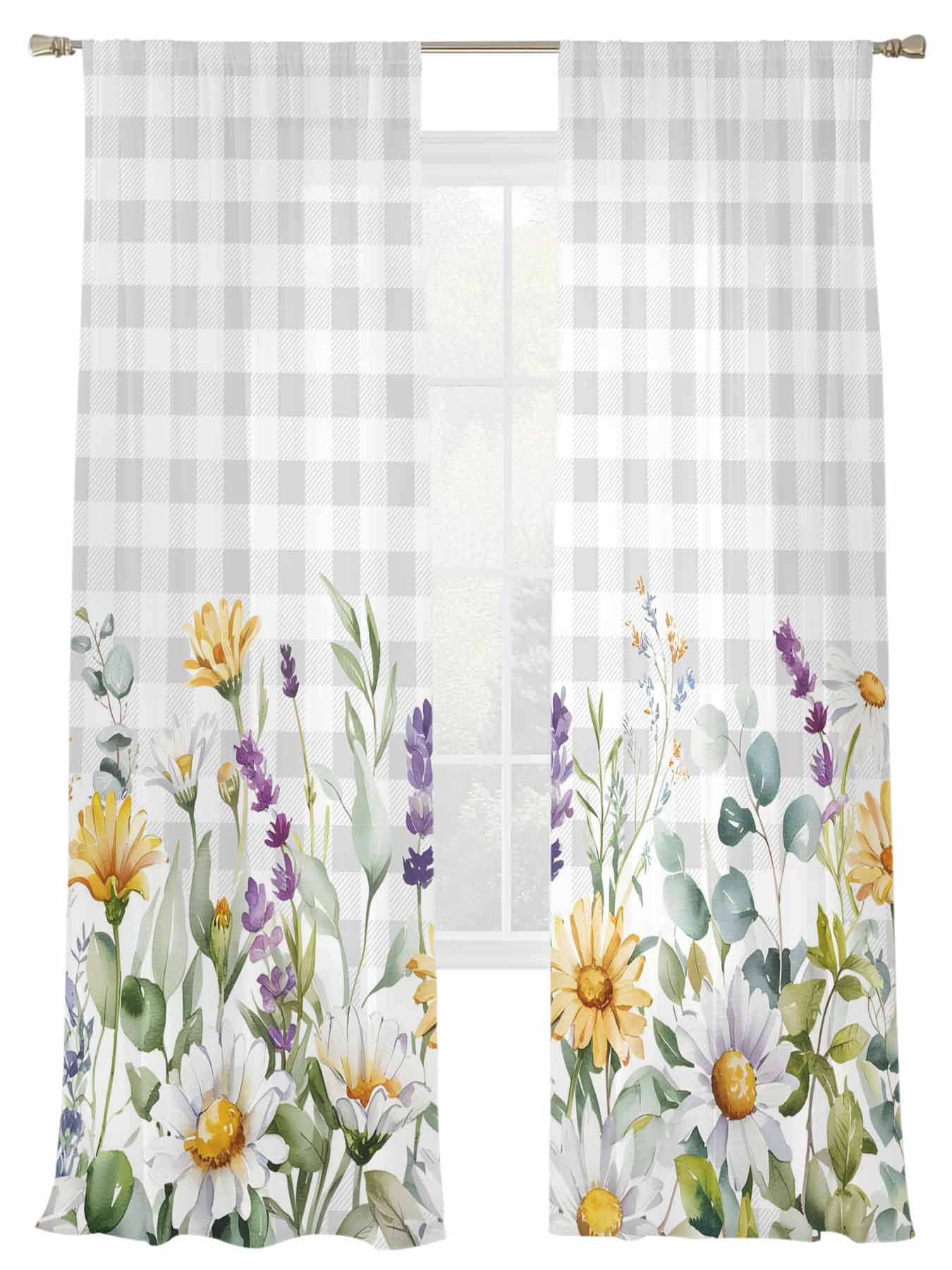 Country Daisy Sheer Curtains 108 Inches Long 2 Panels, Wildflowers ...