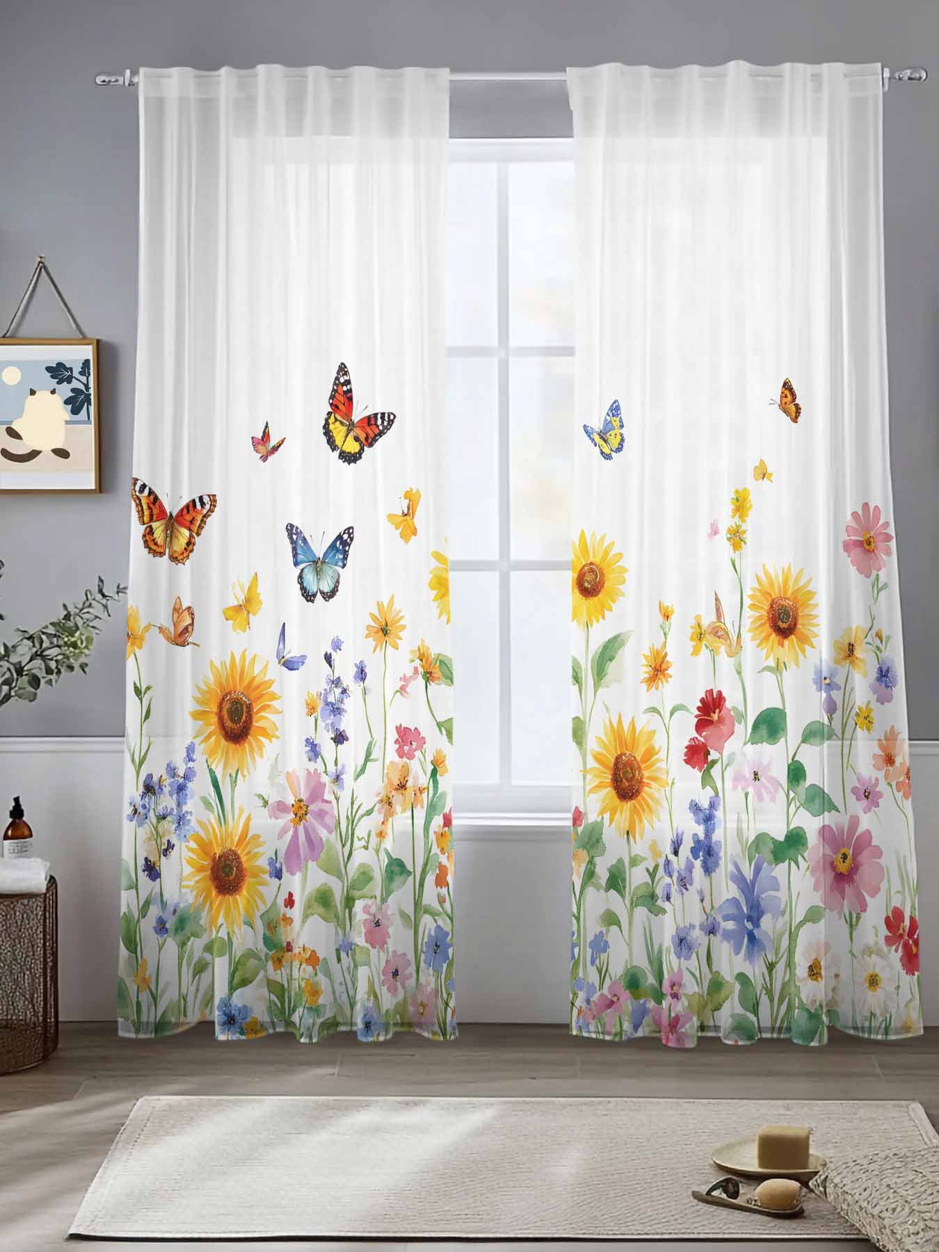 Country Daisy Sheer Curtains 108 inches Long, Wildflowers Butterfly ...