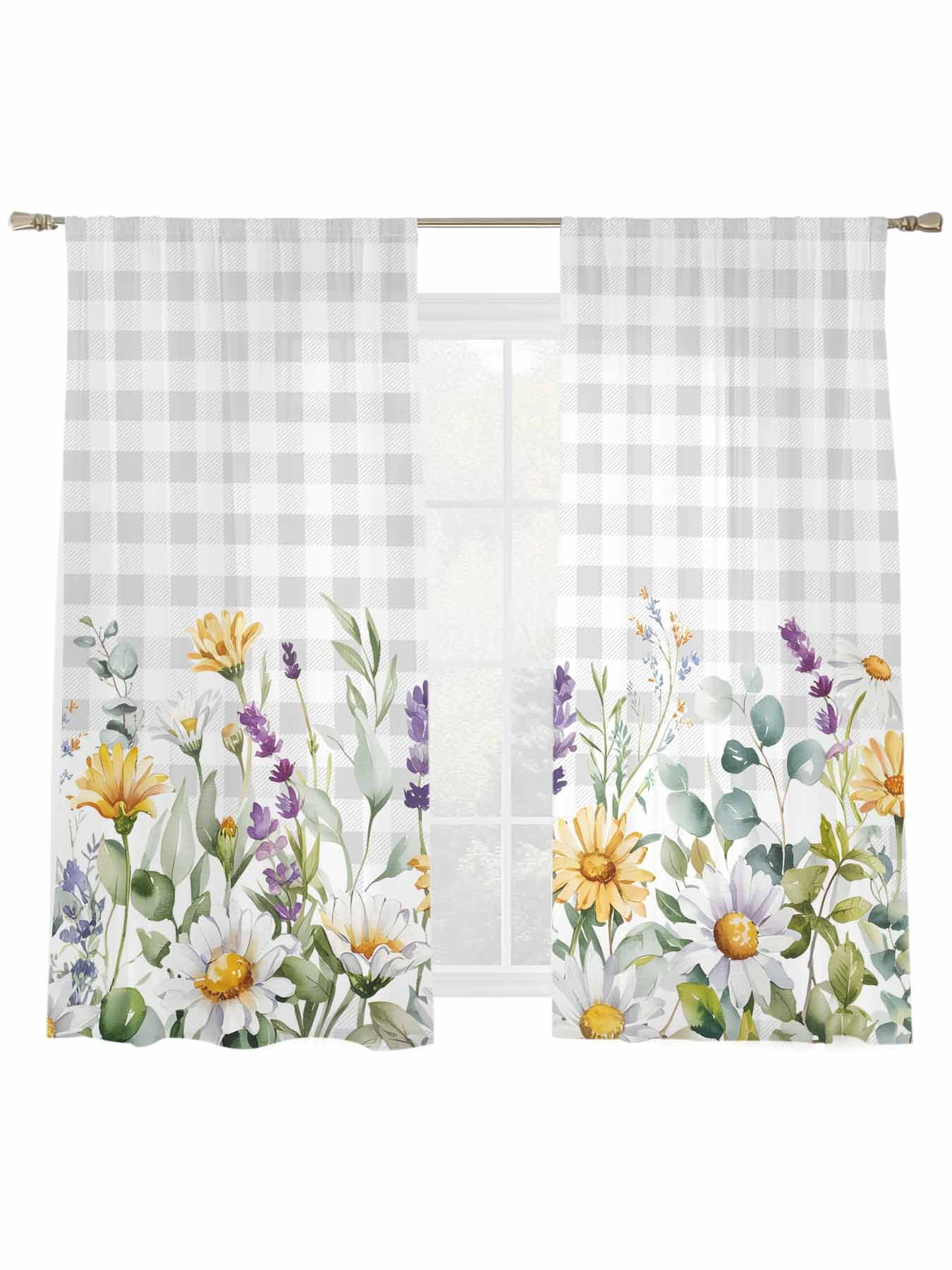 Country Daisy Sheer Curtains 2 Panels Set Wildflowers Leaves Farm Plant ...