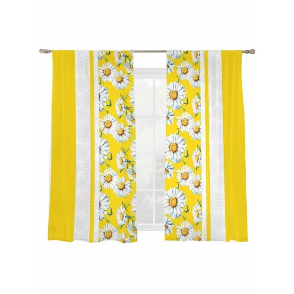 Country Daisy Sheer Curtains 2 Panels Set Yellow White Stripes Floral ...