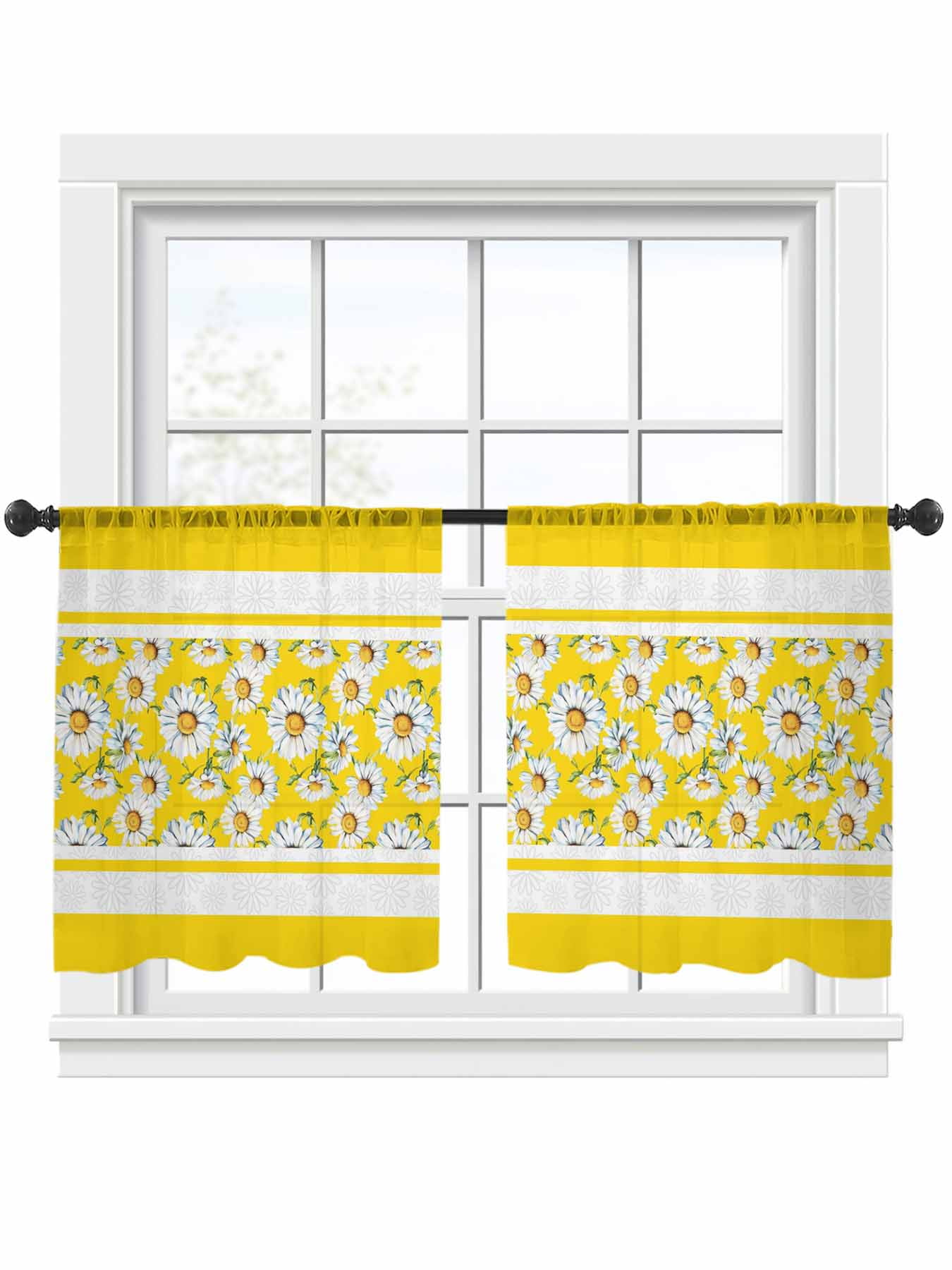 Country Daisy Sheer Curtains 2 Panels Set Yellow White Stripes Floral ...