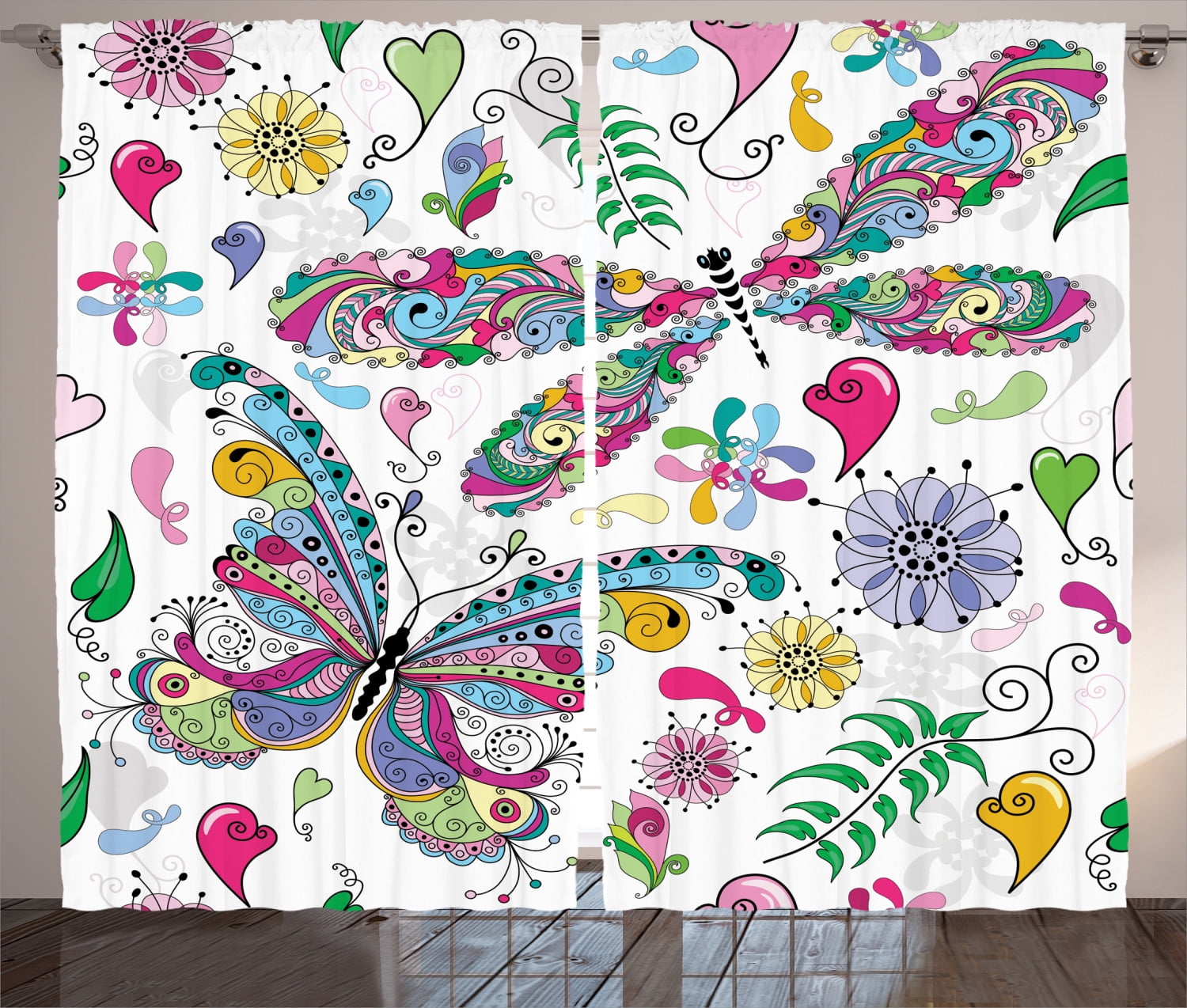 Ambesonne Butterfly Curtains 2 Panel Set, Paisley Dragonfly, 108" x 84 ...