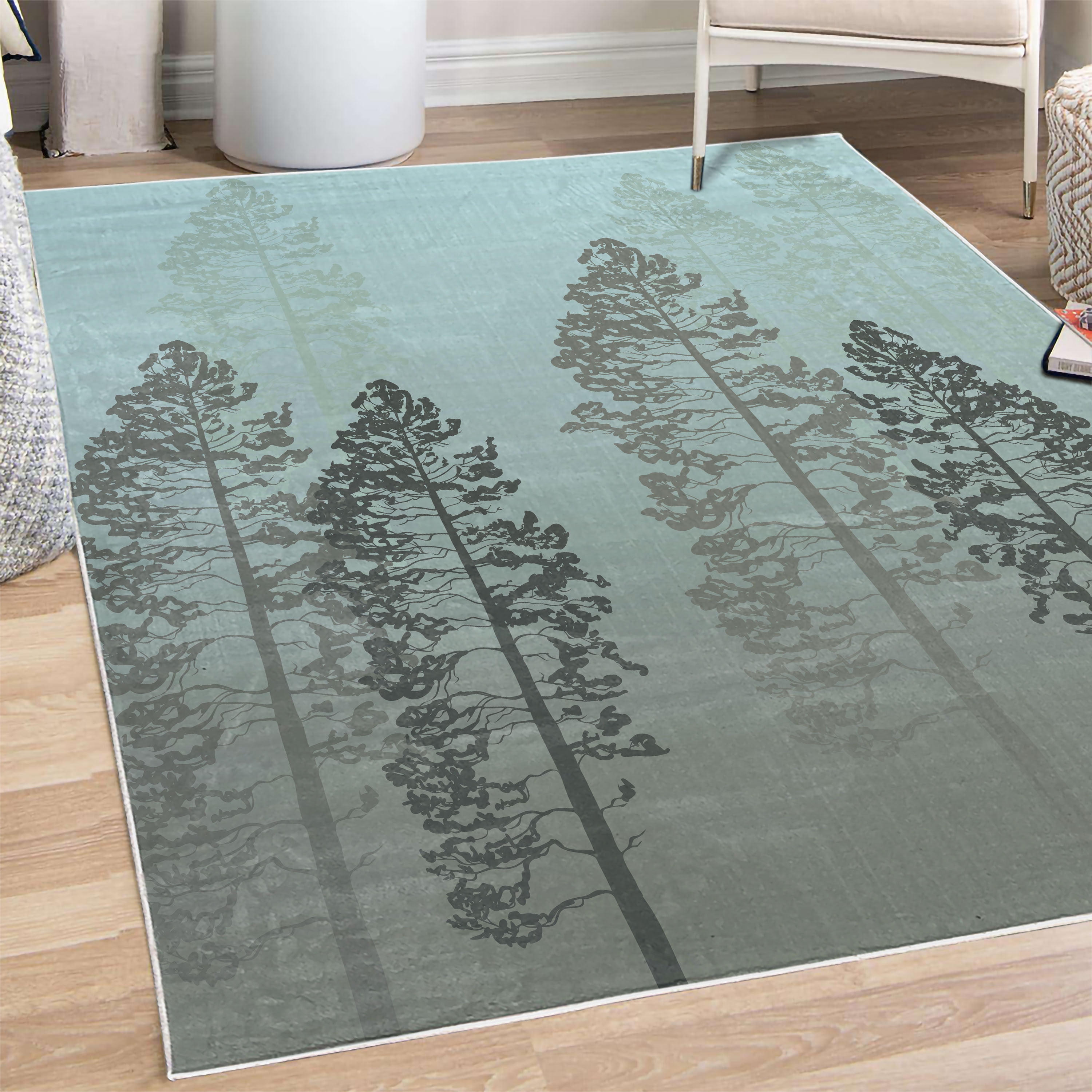 Country Decorative Rug, Pine Trees in the Forest on Foggy Seem Ombre ...