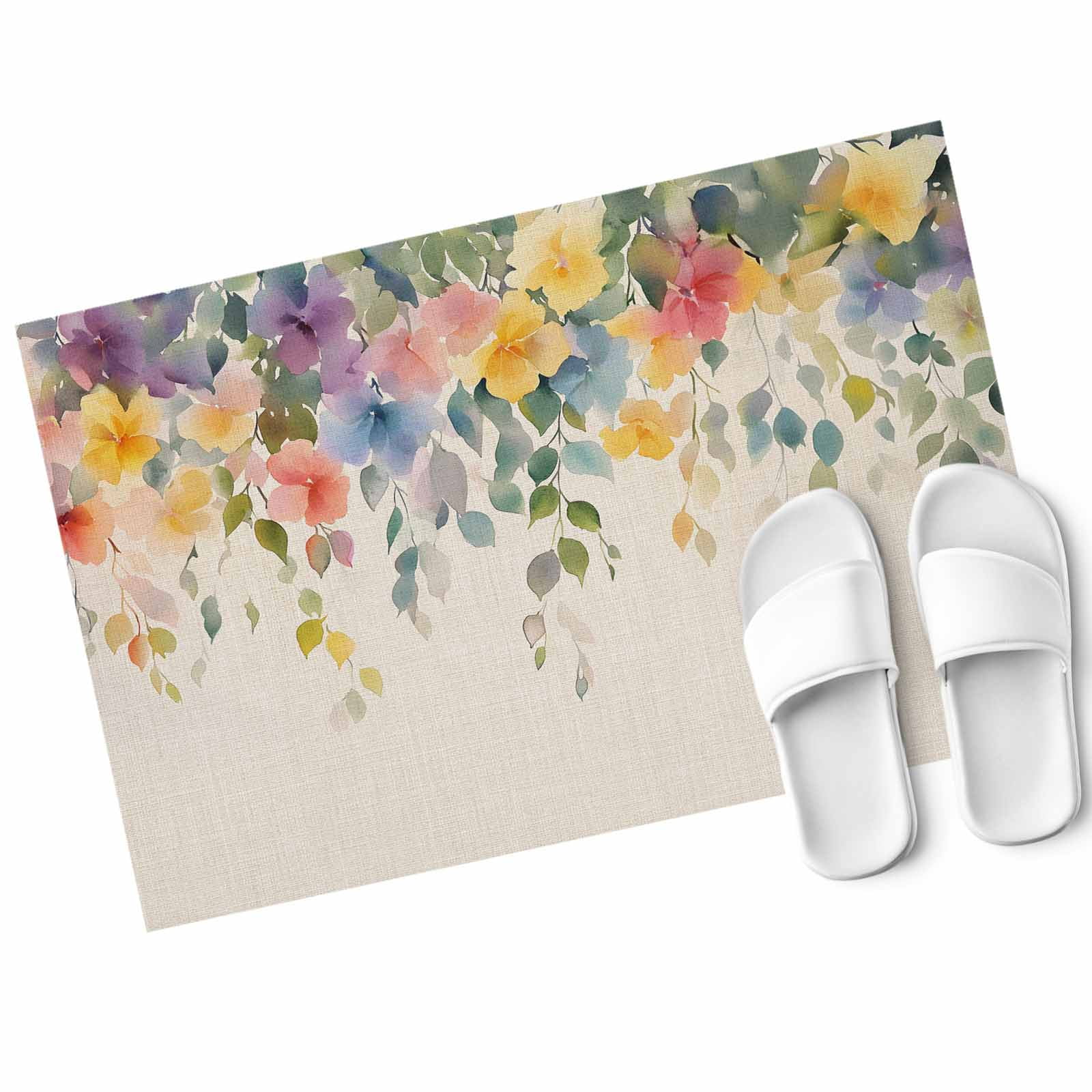 Country Door Mat Watercolor Pastoral Wildflowers Linen Texture Non Slip ...
