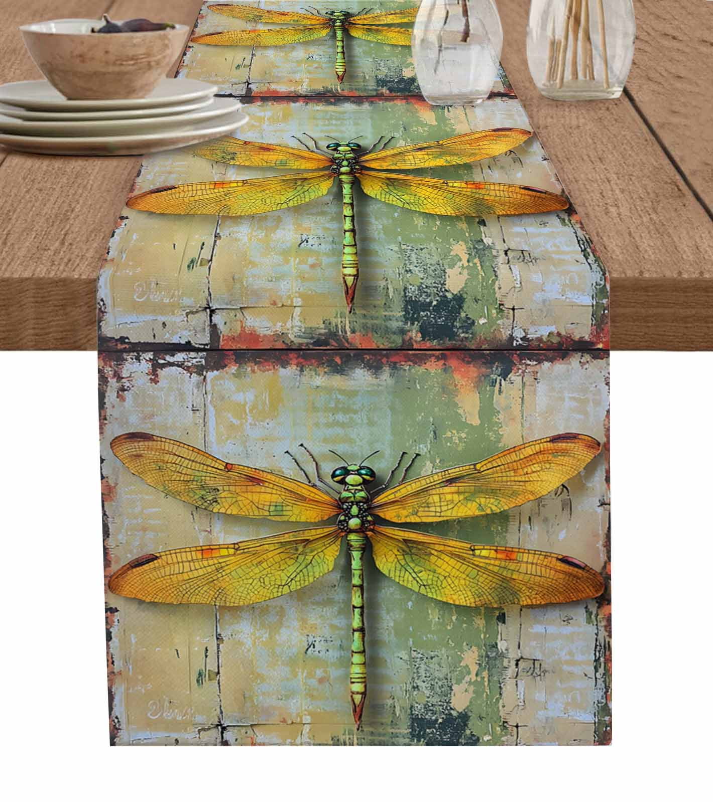 Country Dragonfly Burlap Cotton Table Runner 13x108 Inches Long, Retro ...