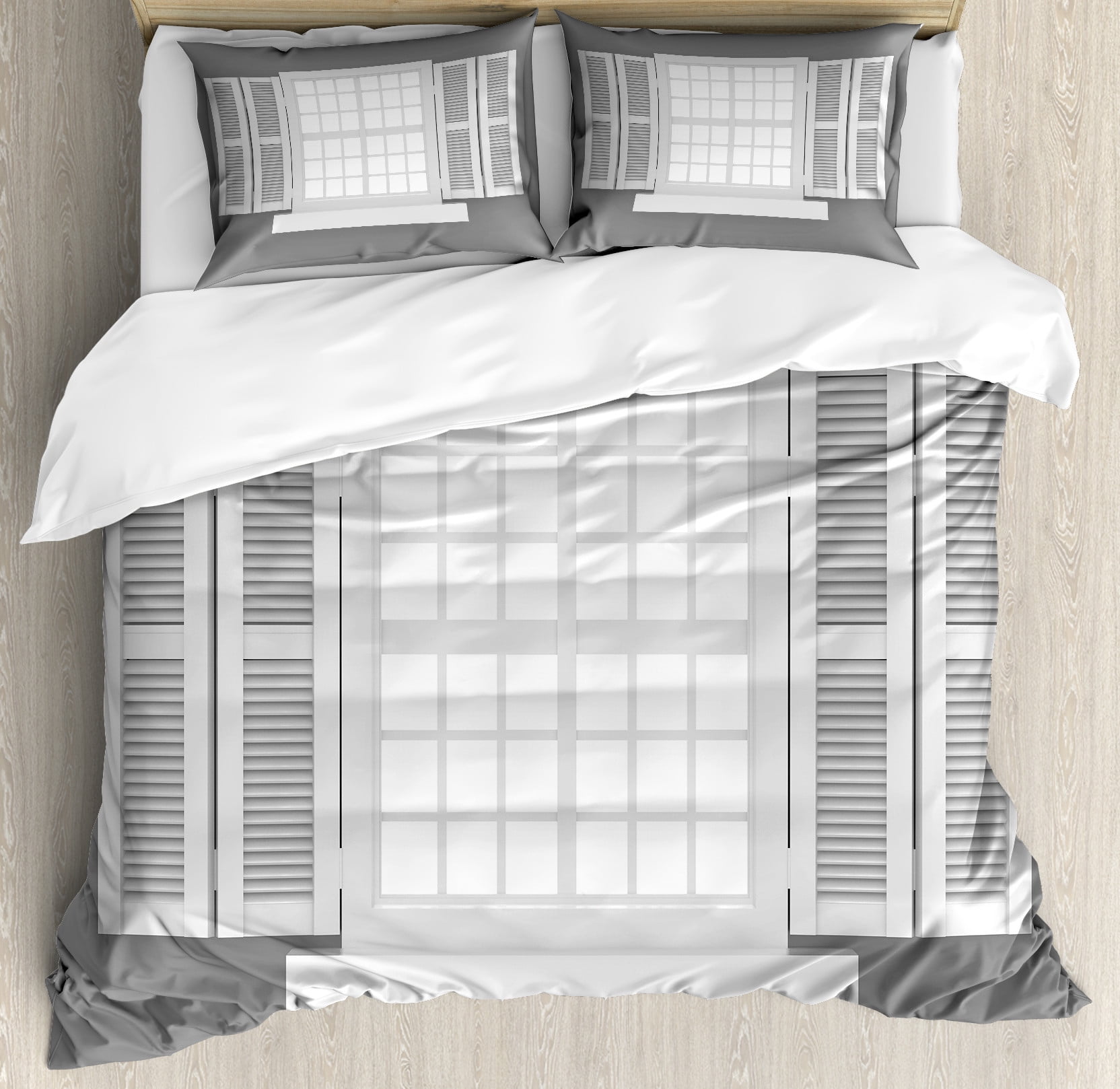 Country Duvet Cover Set, Graphic Illustration of Wooden Window Shutters ...
