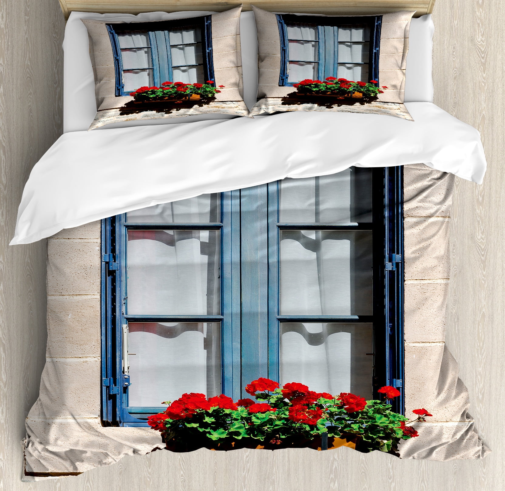 Country Duvet Cover Set, Mediterranean Style Window Open Shutters Image ...