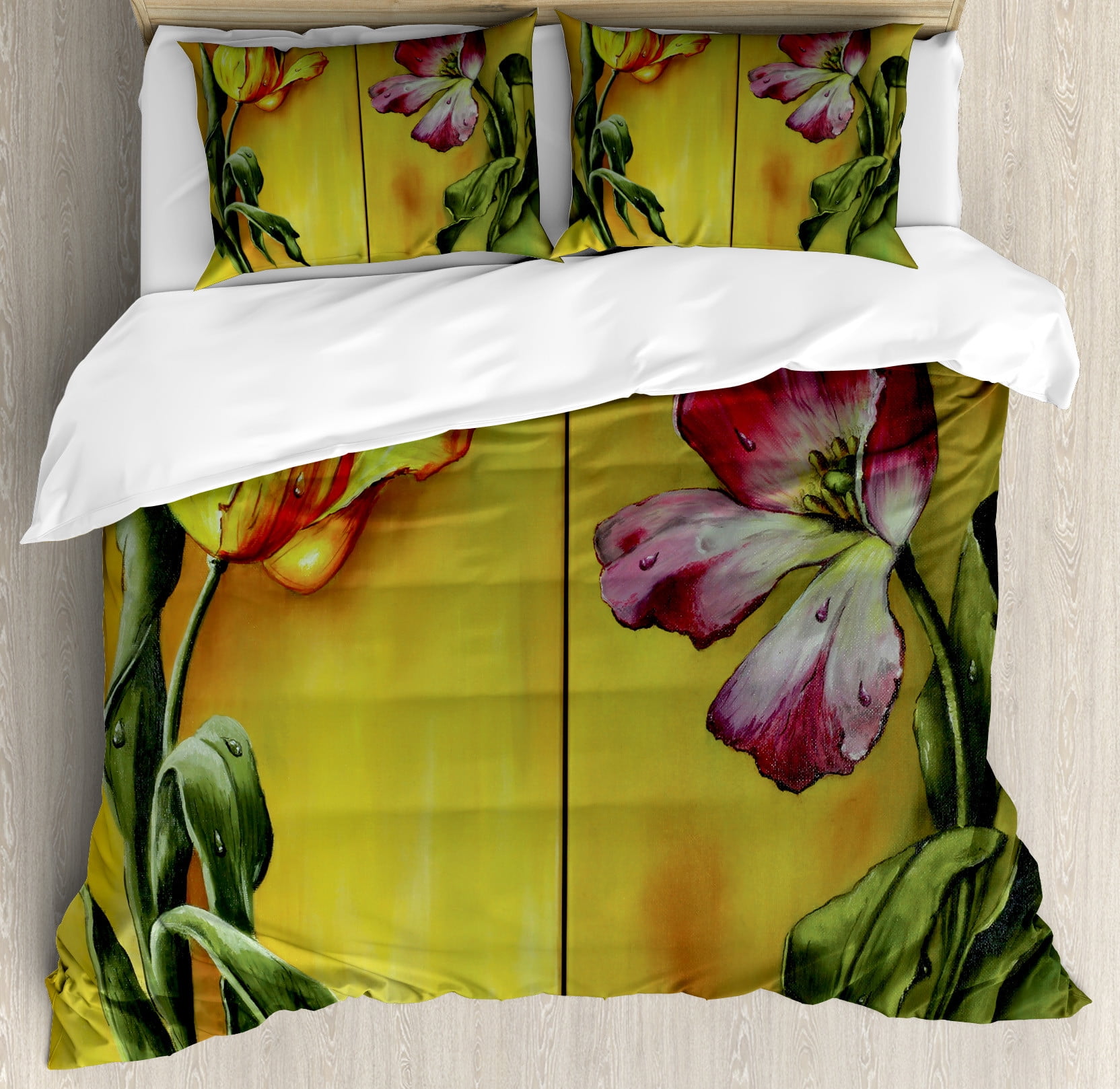 Country Duvet Cover Set, Painting of Curving Tulips Romantic Dramatic ...