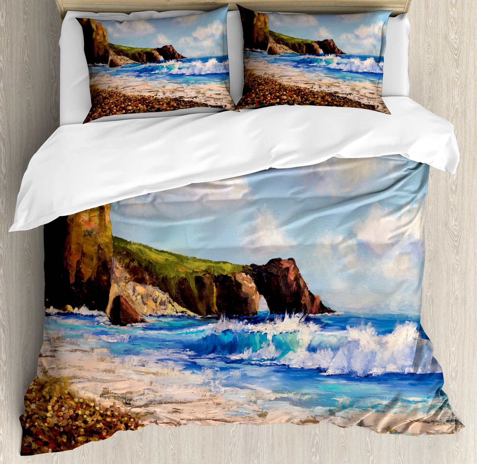 Country Duvet Cover Set, Painting of a Sea Coast with Rock Beach Shore ...
