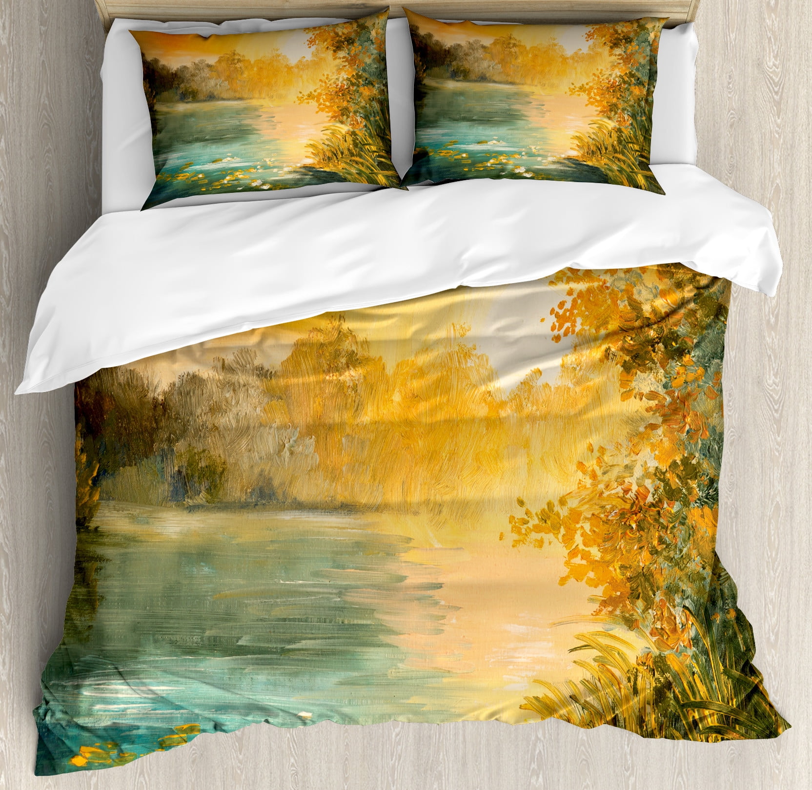 Country Duvet Cover Set, Pastel Color Sunset on the Lake in Fall Autumn ...