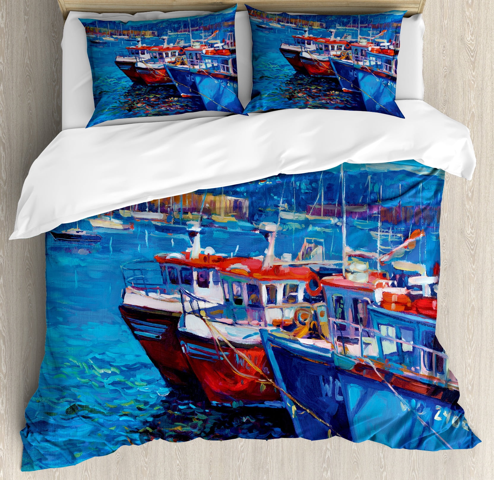 Country Duvet Cover Set, Sail Boats Ships on the Shore Harbor by the ...