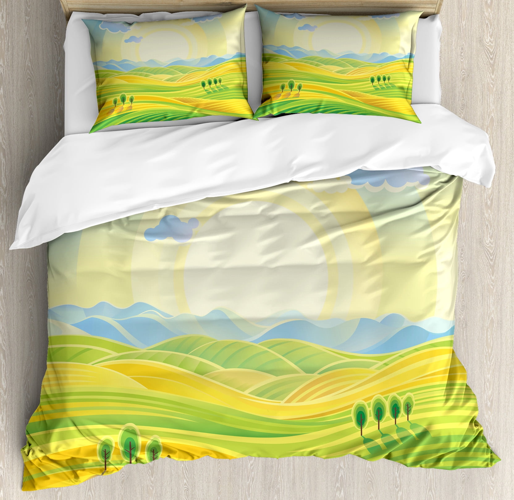Country Duvet Cover Set, Sunny Rural Landscape with Rolling Hills ...