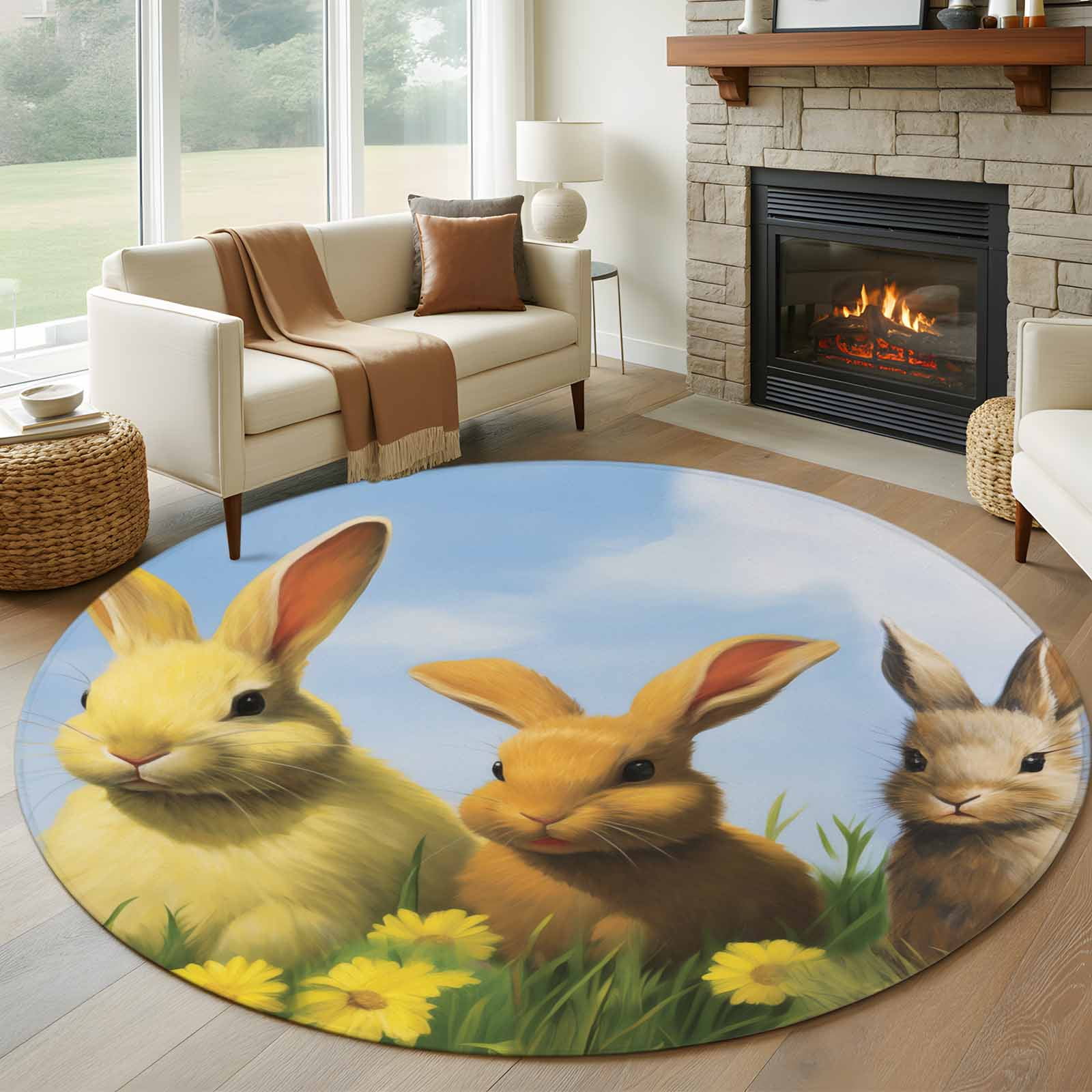 Country Easter Rabbits, Round Area Rug 6 FT, Non Slip Bedroom Rugs ...