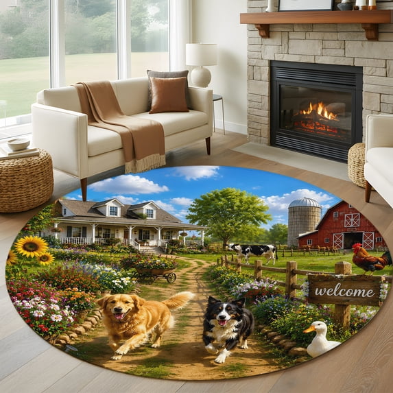 Country Farm 6FT Round Area Rugs for Living Room Rural Path Golden ...