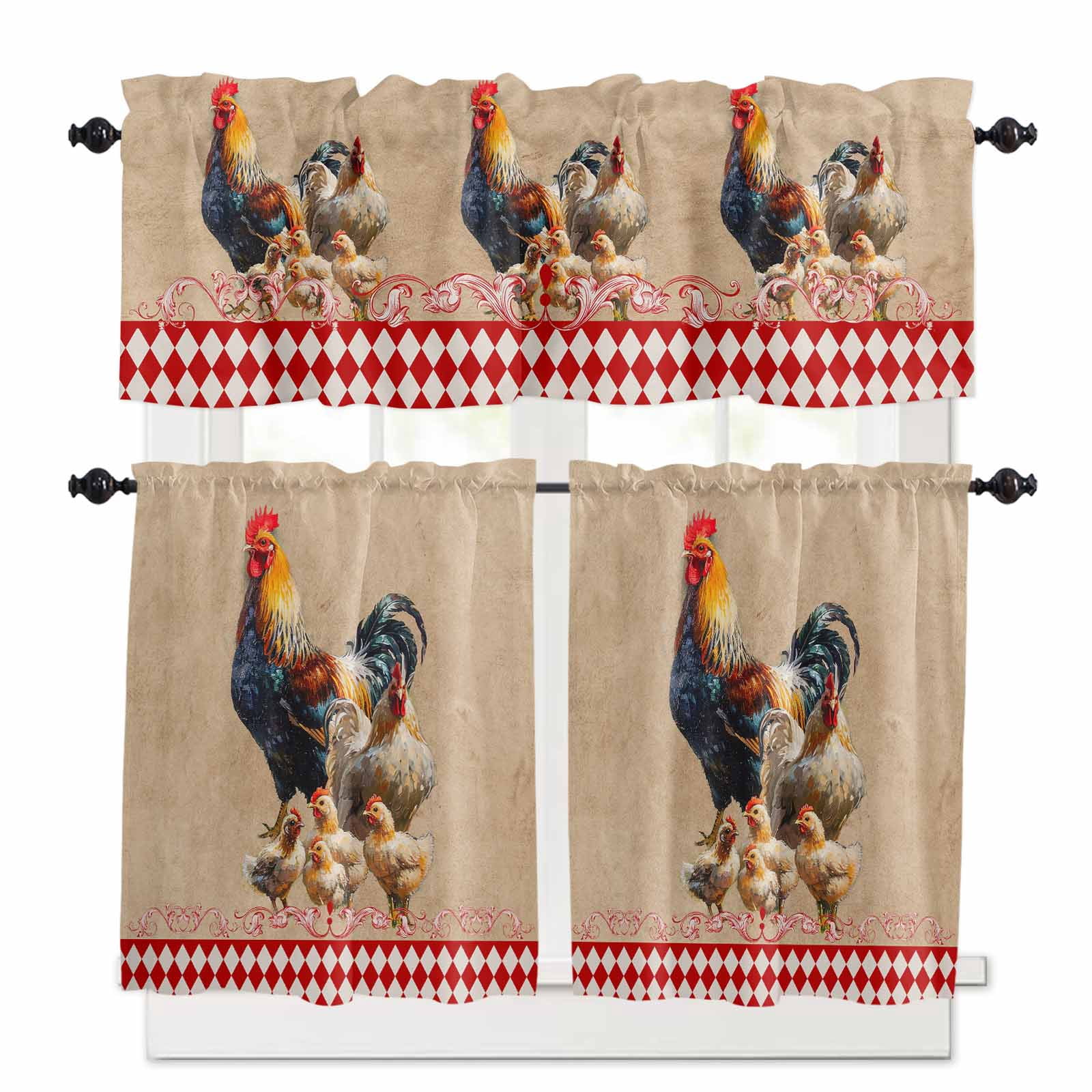 Country Farm Rooster Kitchen Curtains and Valances Set,Rod Pocket ...