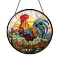 Country Farm Rooster Scene Stained Glass Style Window Hanging Art ...