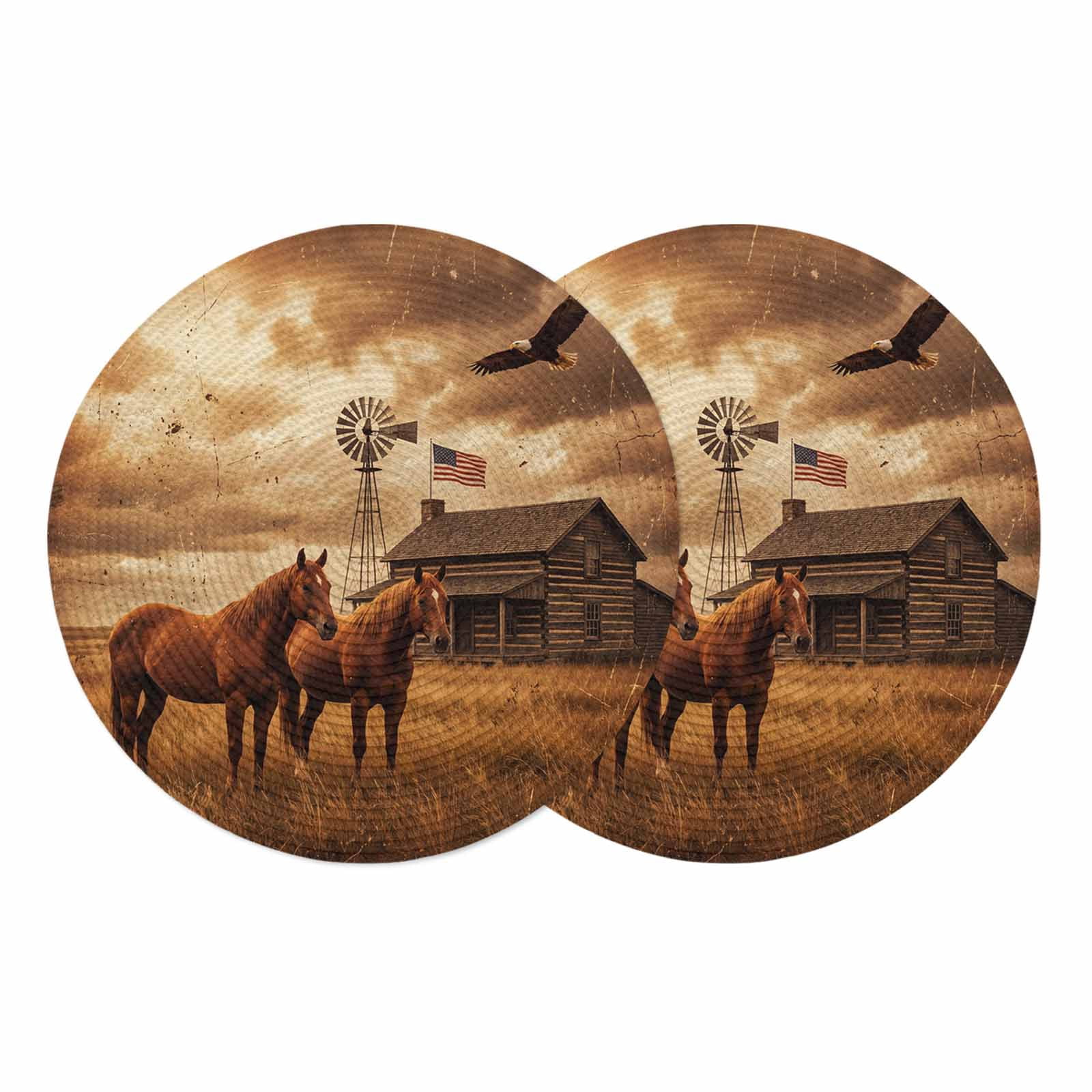 Country Farm Round Placemats Set of 2 Vintage Horse Cabin American Flag ...