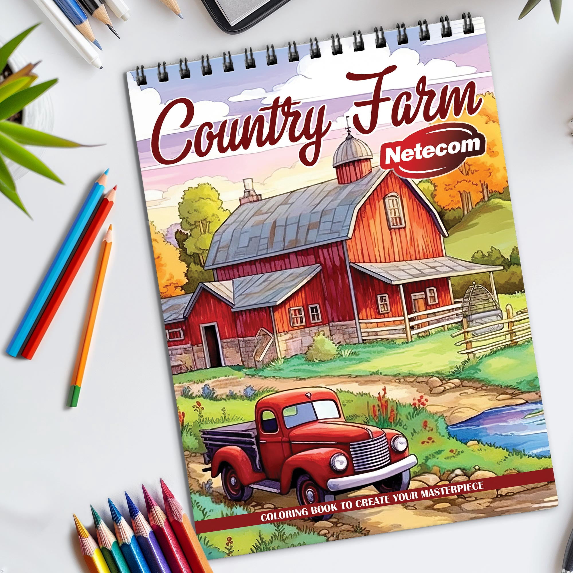 Country Farm Spiral Bound Coloring Book, Rustic Farm Scenes for a ...