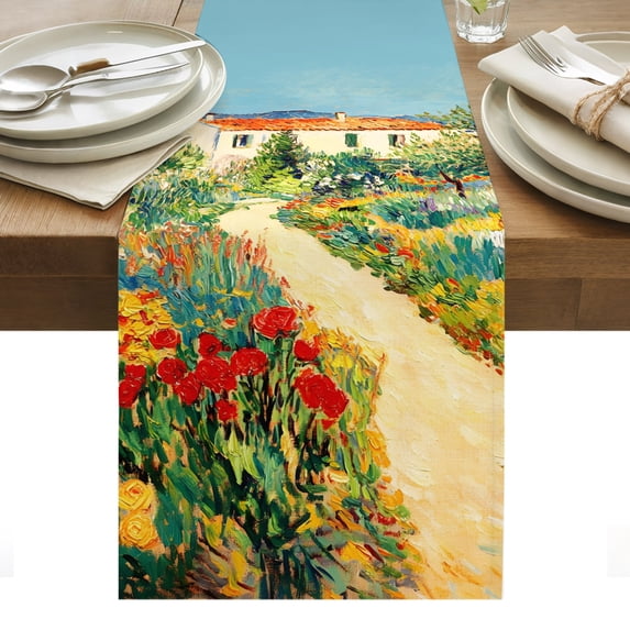Country Farm Table Runner Pastoral Rustic House Floral Leaves Trees ...
