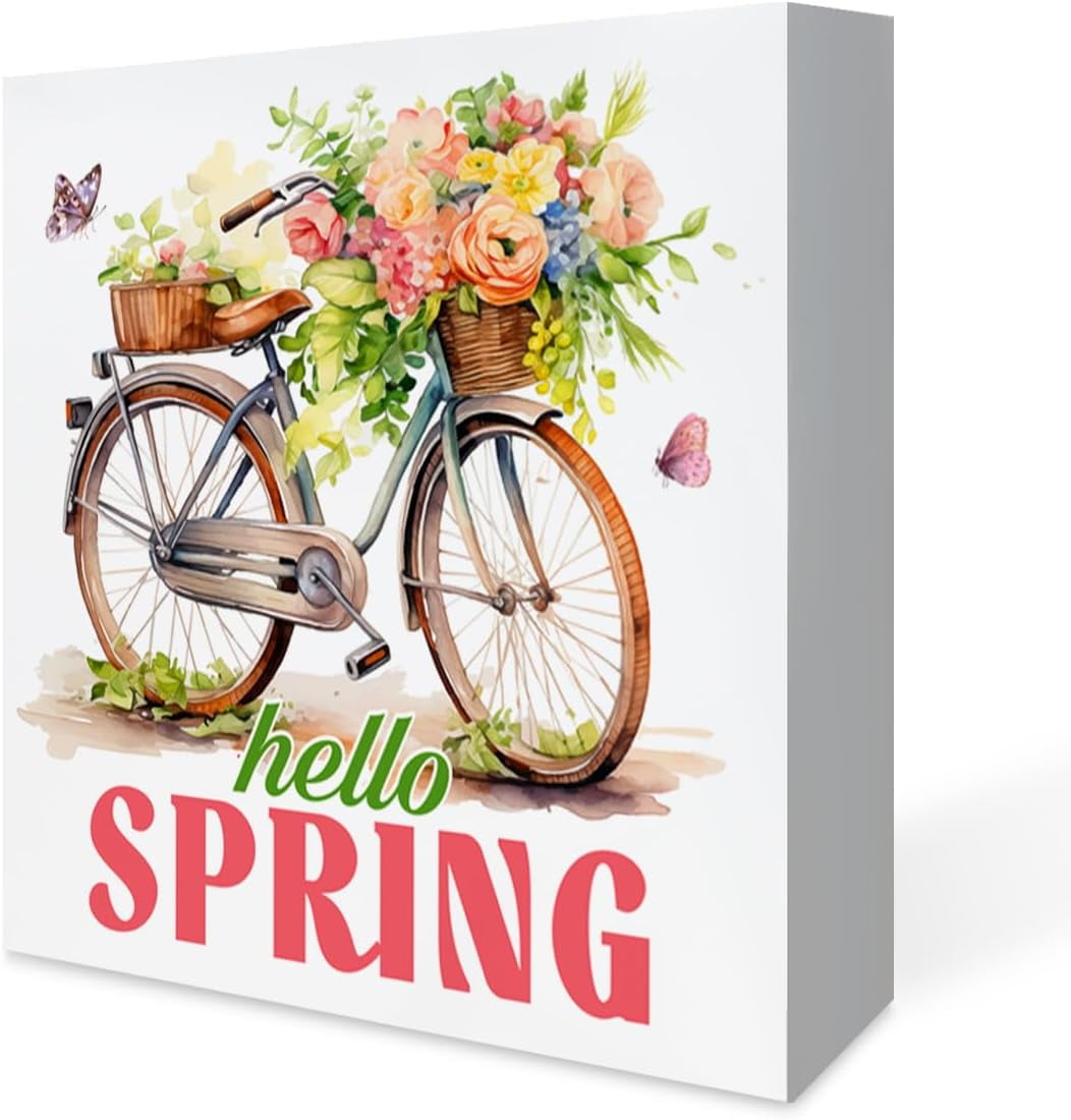 Country Farmhouse Hello Spring Bicycle Wood Box Sign Decor Desk Sign ...