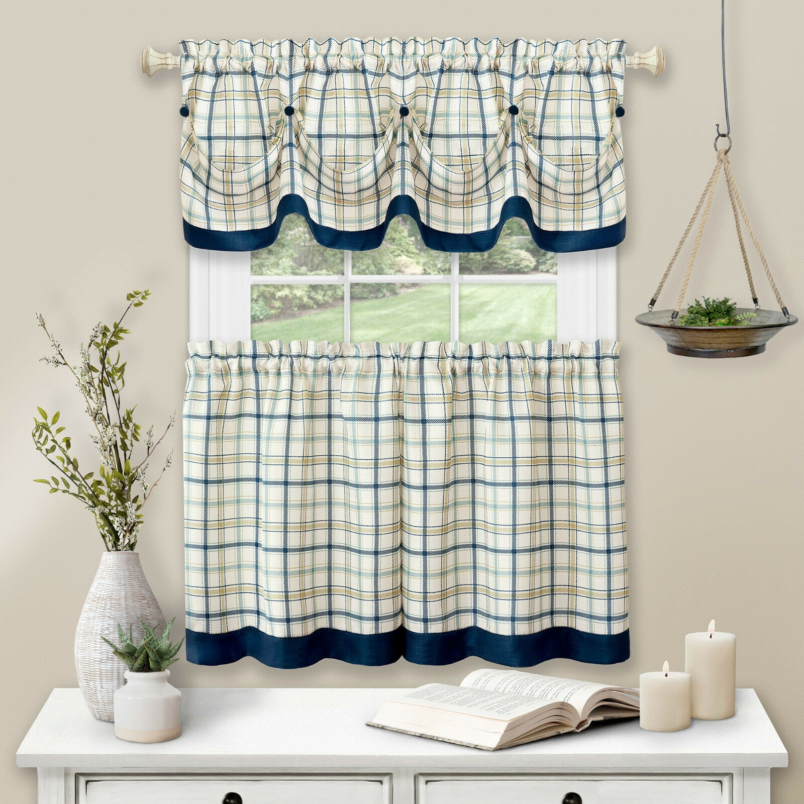 Country Farmhouse Style Plaid Gingham Checkered 3 Pc Kitchen Curtain ...