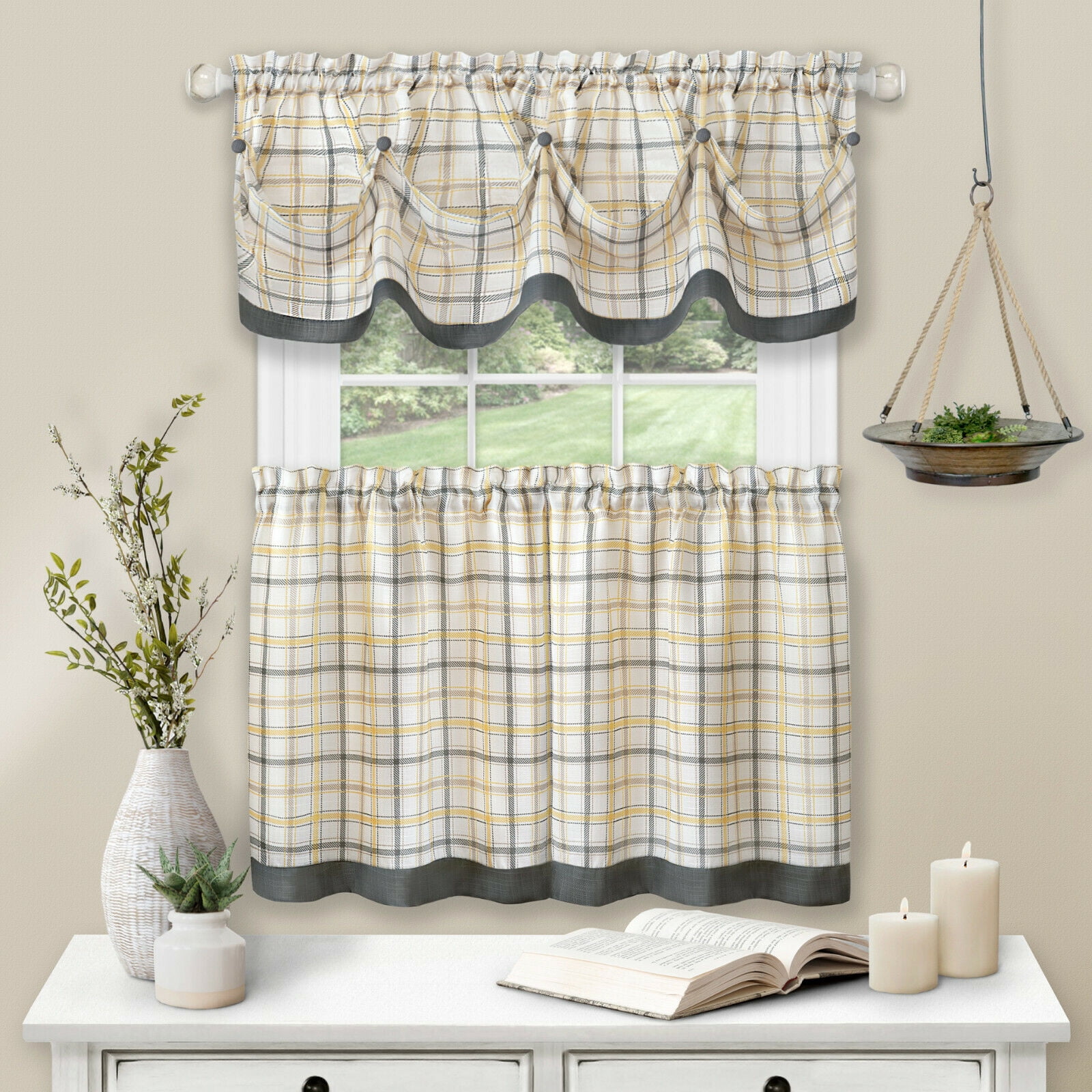 Farmhouse Chic, Gray Gingham Checked Kitchen Curtain Set - Plaid ...