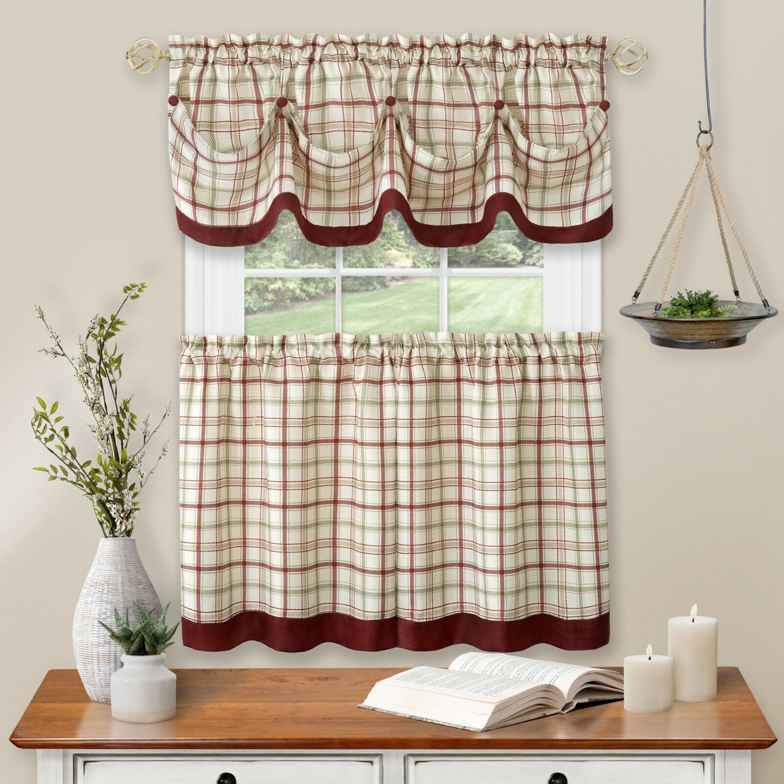 Country Farmhouse Plaid 3 Pc Tattersall Cafe Kitchen Curtain Tier ...