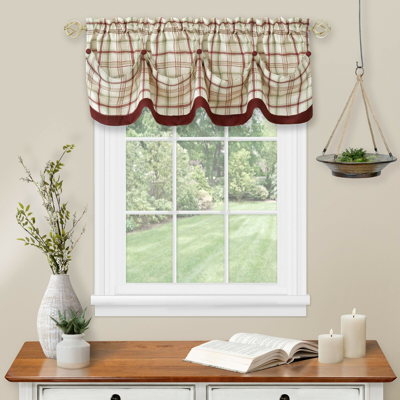Kate Aurora Living Farmhouse Burgundy Plaid Rod Pocket Window Valances ...