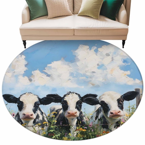 Country Farmhouse Round Rug 8ft Washable Circle Rugs Non Slip Farm Cute ...