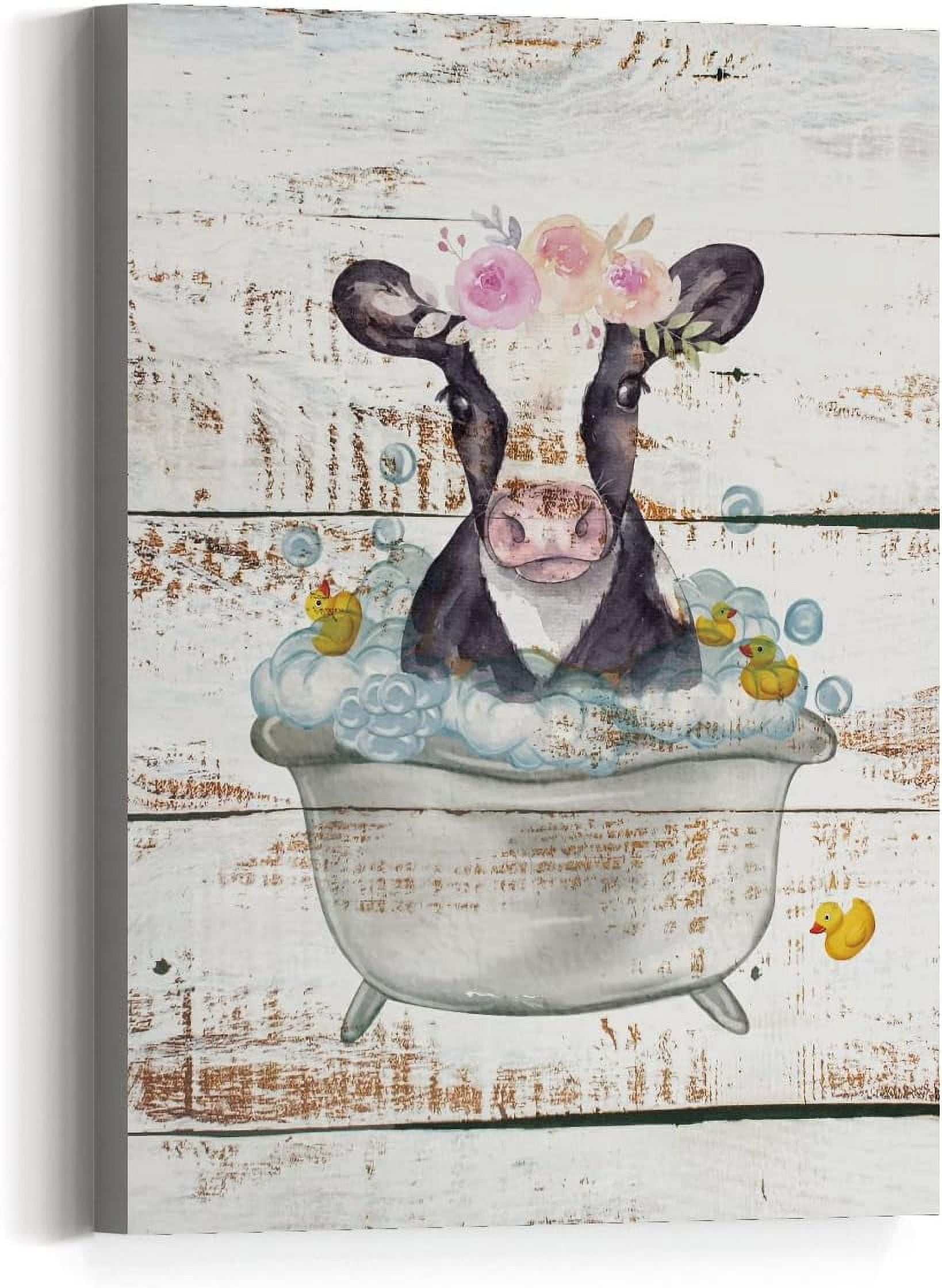 Country Farmhouse Wall Art Canvas-Funny Farmhouse Cattle in Tub Retro ...