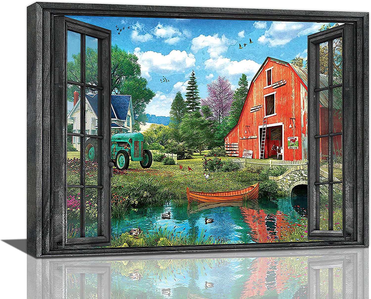 Country Farmhouse Wall Art Rustic Window Landscape Prints Painting Barn ...