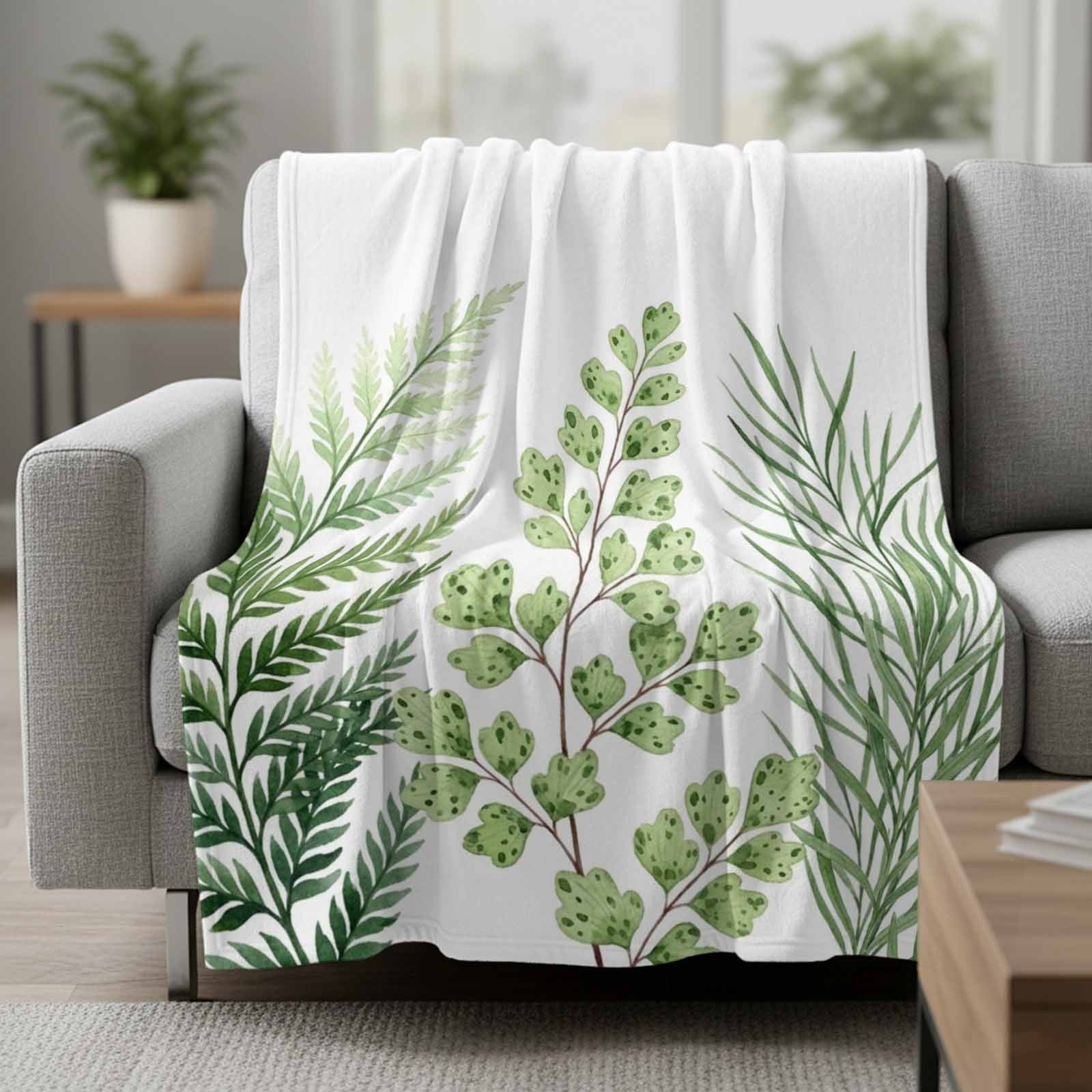 Country Ferns Fleece Throw Blanket Green Gradient Watercolor Leaves ...